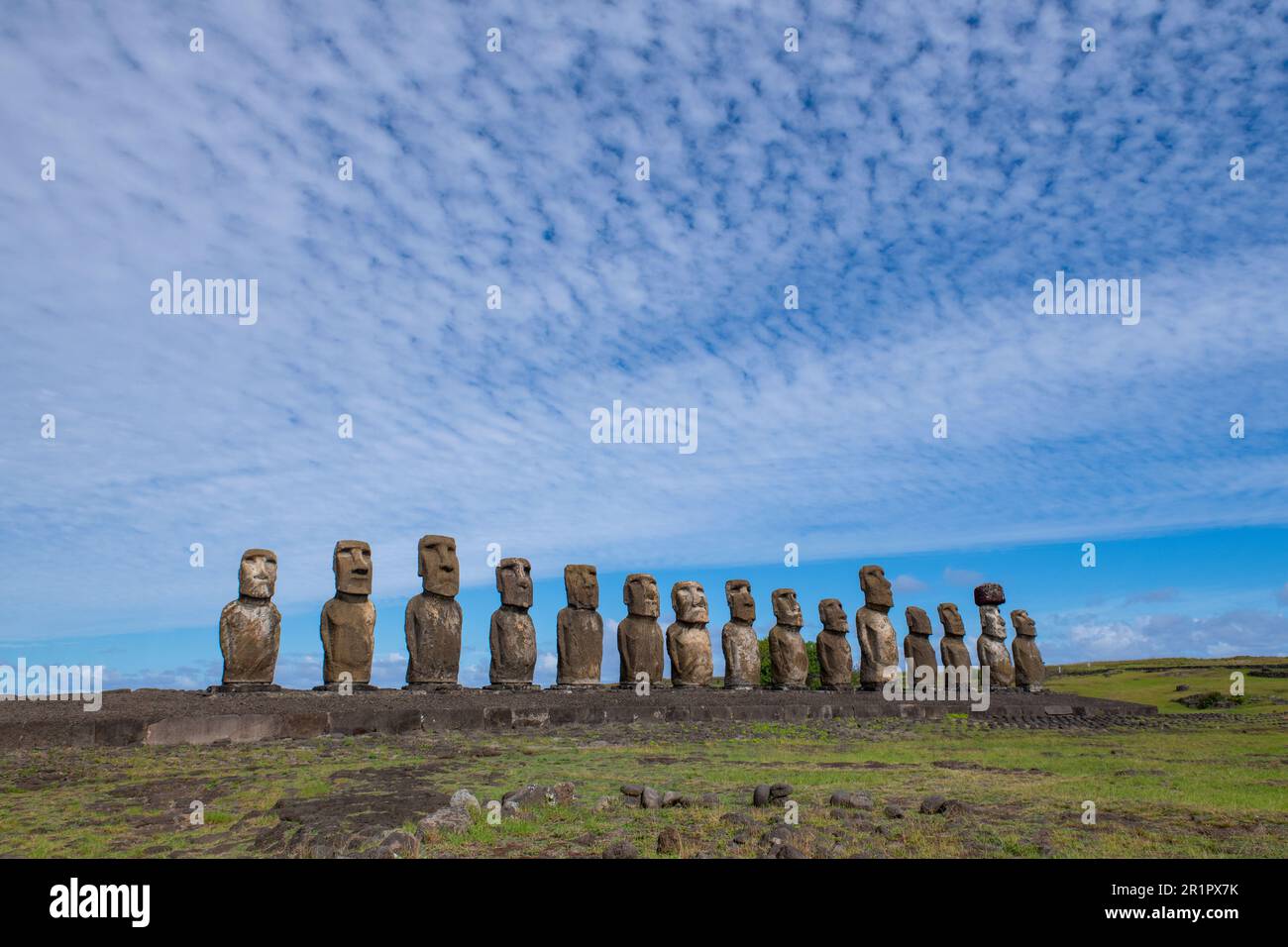 Chile, Easter Island aka Rapa Nui. Tongariki, with 15 traditional moai ...