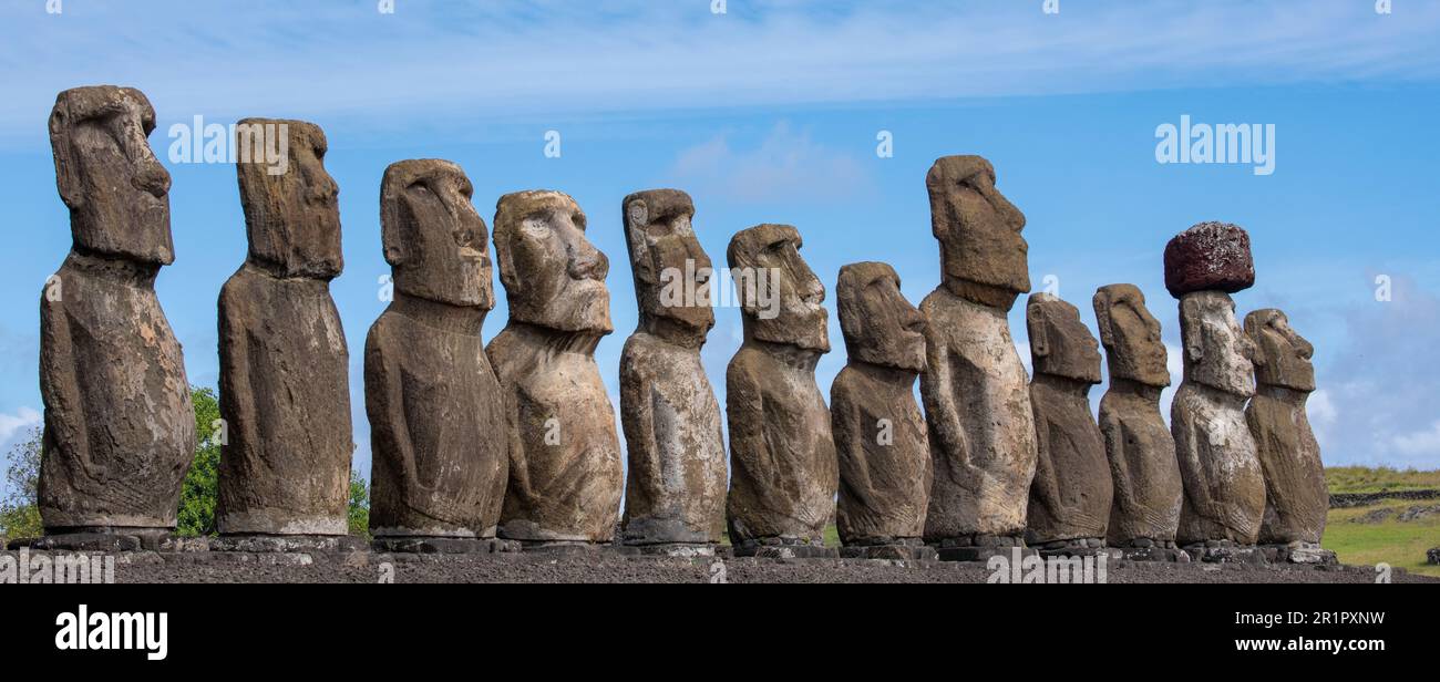 Chile, Easter Island aka Rapa Nui. Detail view of some of the 15 ...