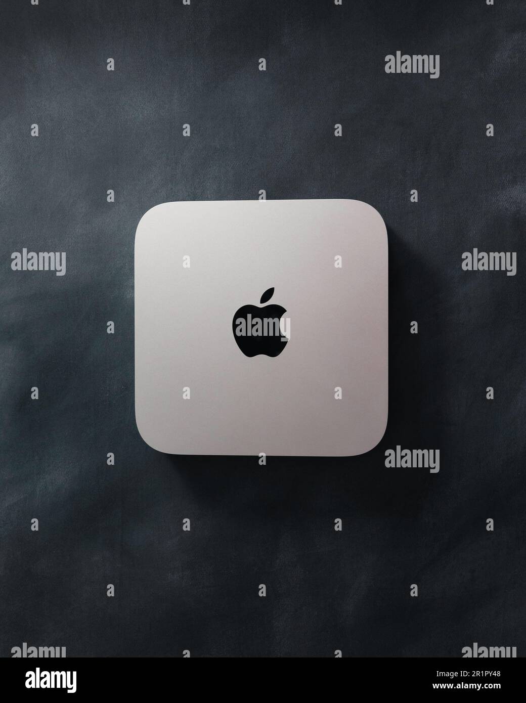 LONDON - MAY 11, 2023: Apple Mac Mini computer with logo top view on ...