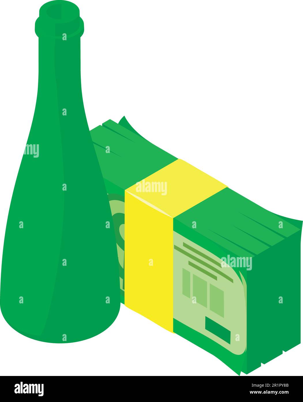 Wine sale icon isometric vector. Open wine bottle near stack of dollar ...
