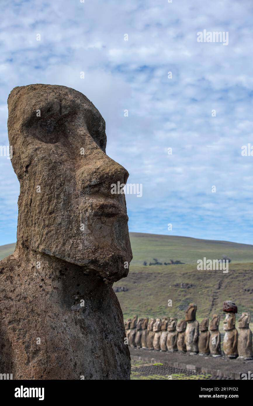 Chile, Easter Island aka Rapa Nui. Tongariki, with 15 traditional moai ...