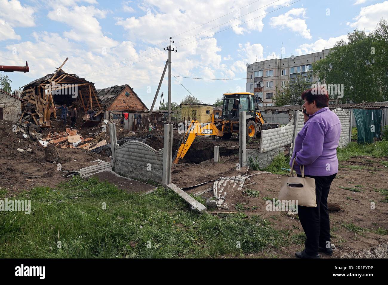 ZOLOCHIV, UKRAINE - MAY 14, 2023 - The consequences of the rocket ...