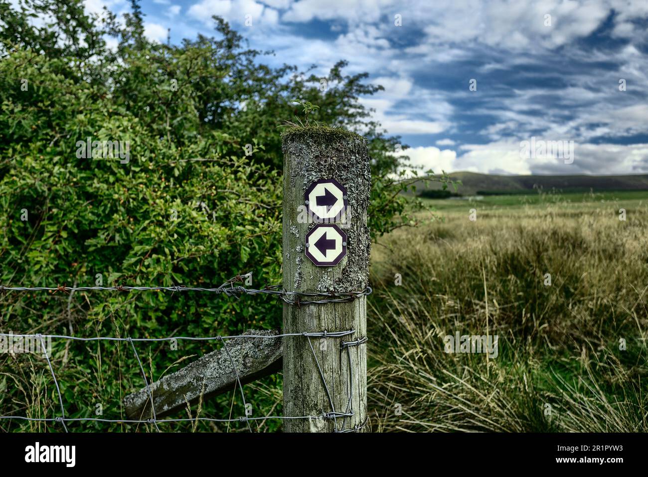 Post with footpath signs in the Harperrig Nature Reserve, located in ...