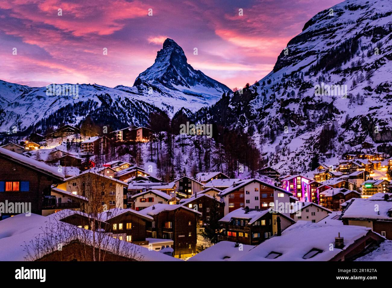 Sunset on the Matterhorn and Zermatt, Zermatt, Valais, Switzerland ...
