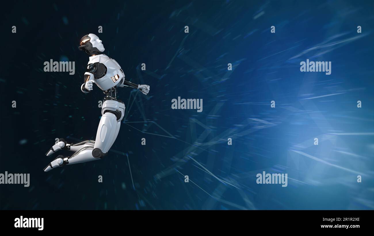 Futuristic world robots are running. Presentation of technology with ...