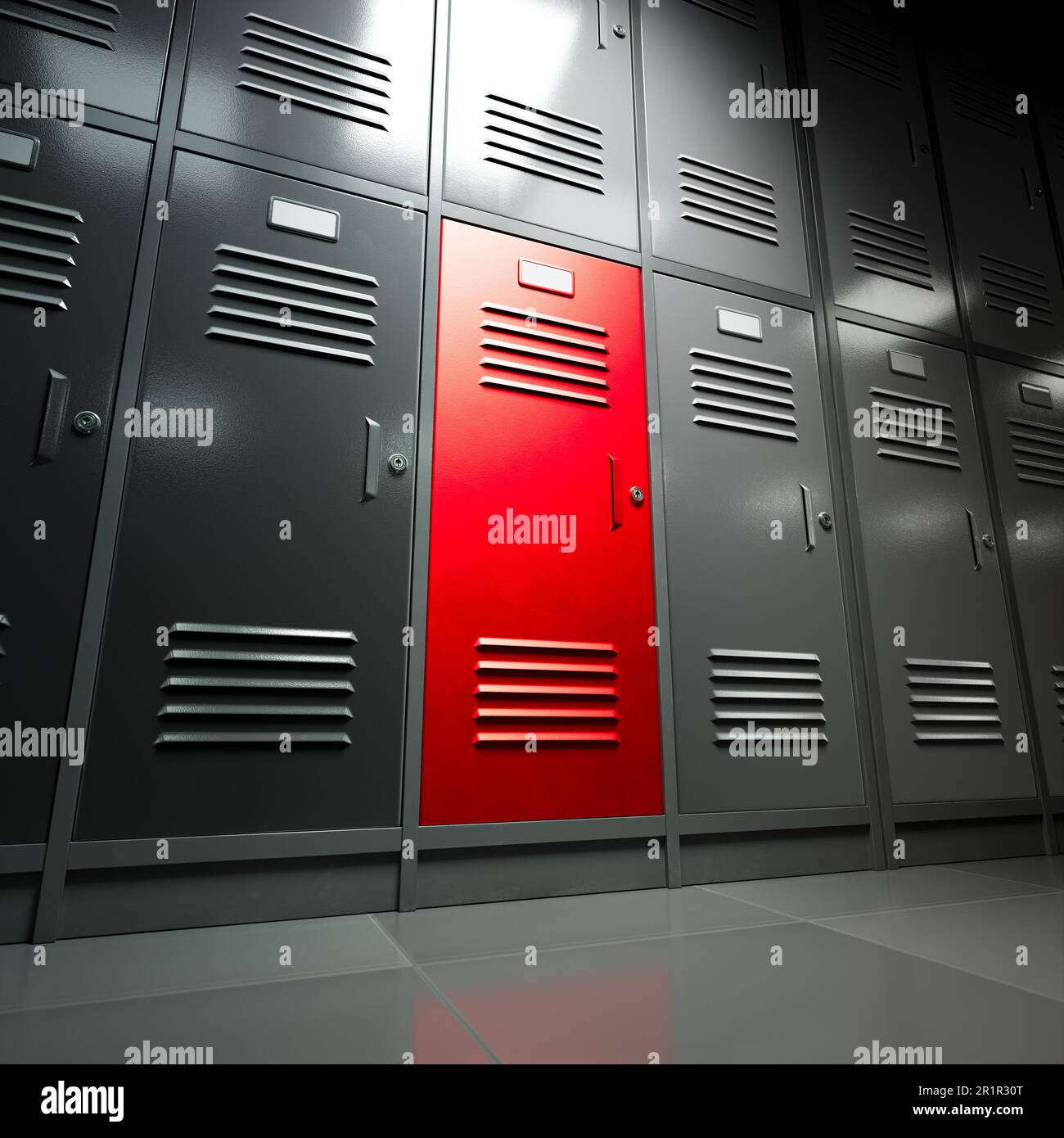 Single, unique, vibrant red, metal locker on a school corridor full of ...
