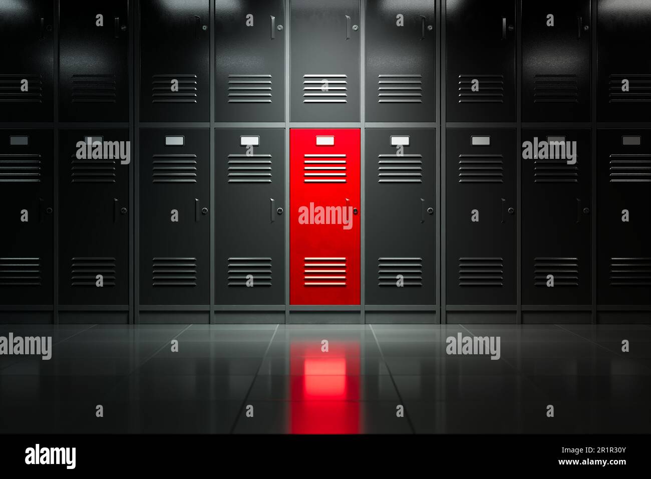 Single, unique, vibrant red, metal locker on a school corridor full of ...