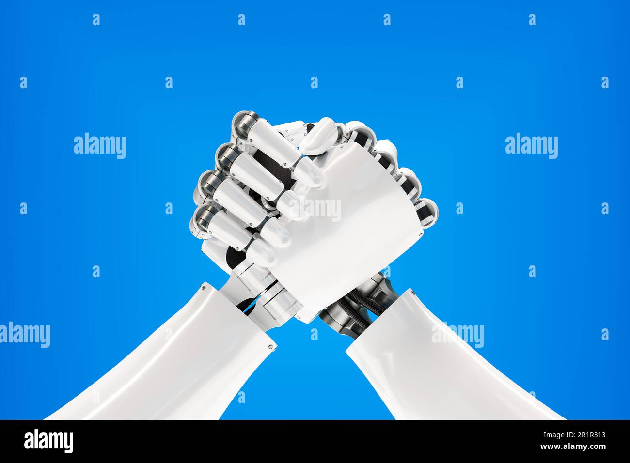 Two robots arm wrestling competition. Shiny, metallic cyborg arms ...