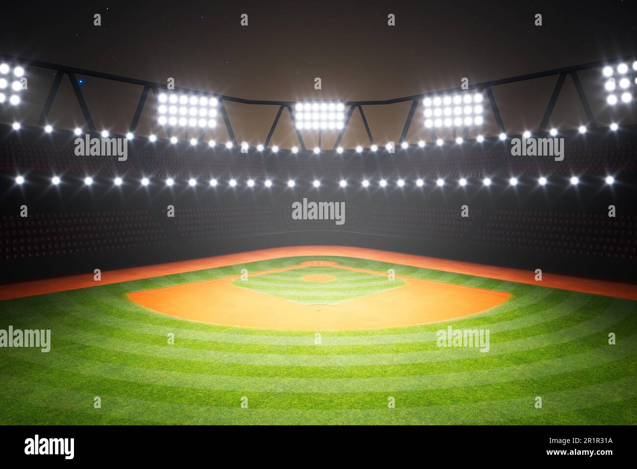 Empty baseball stadium during the night. Freshly cut grass radial ...