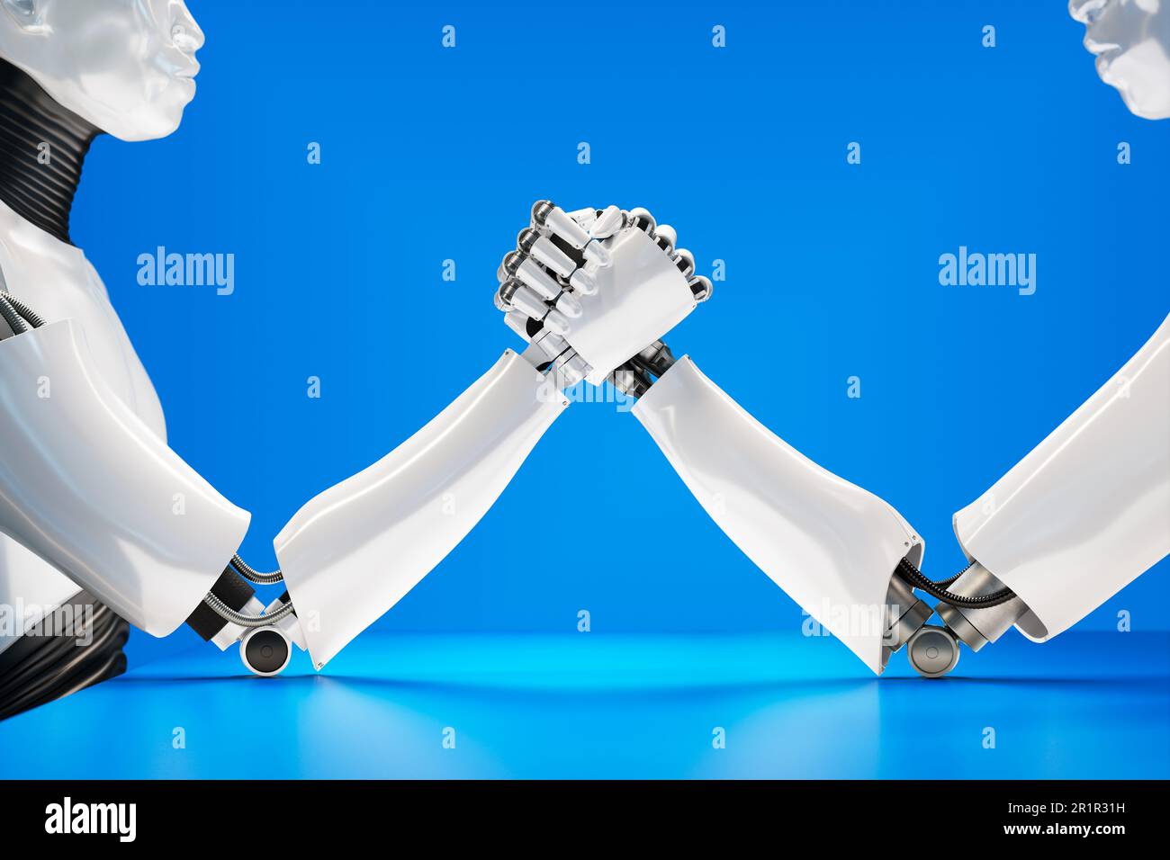 Two robots arm wrestling competition. Shiny, metallic cyborg arms ...