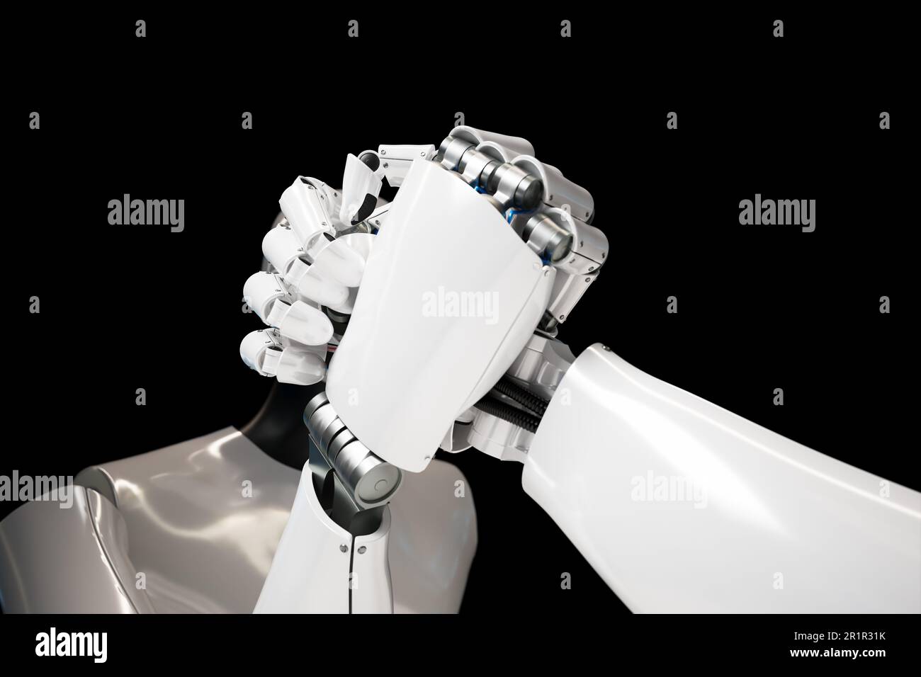 Two robots arm wrestling competition. Shiny, metallic cyborg arms ...