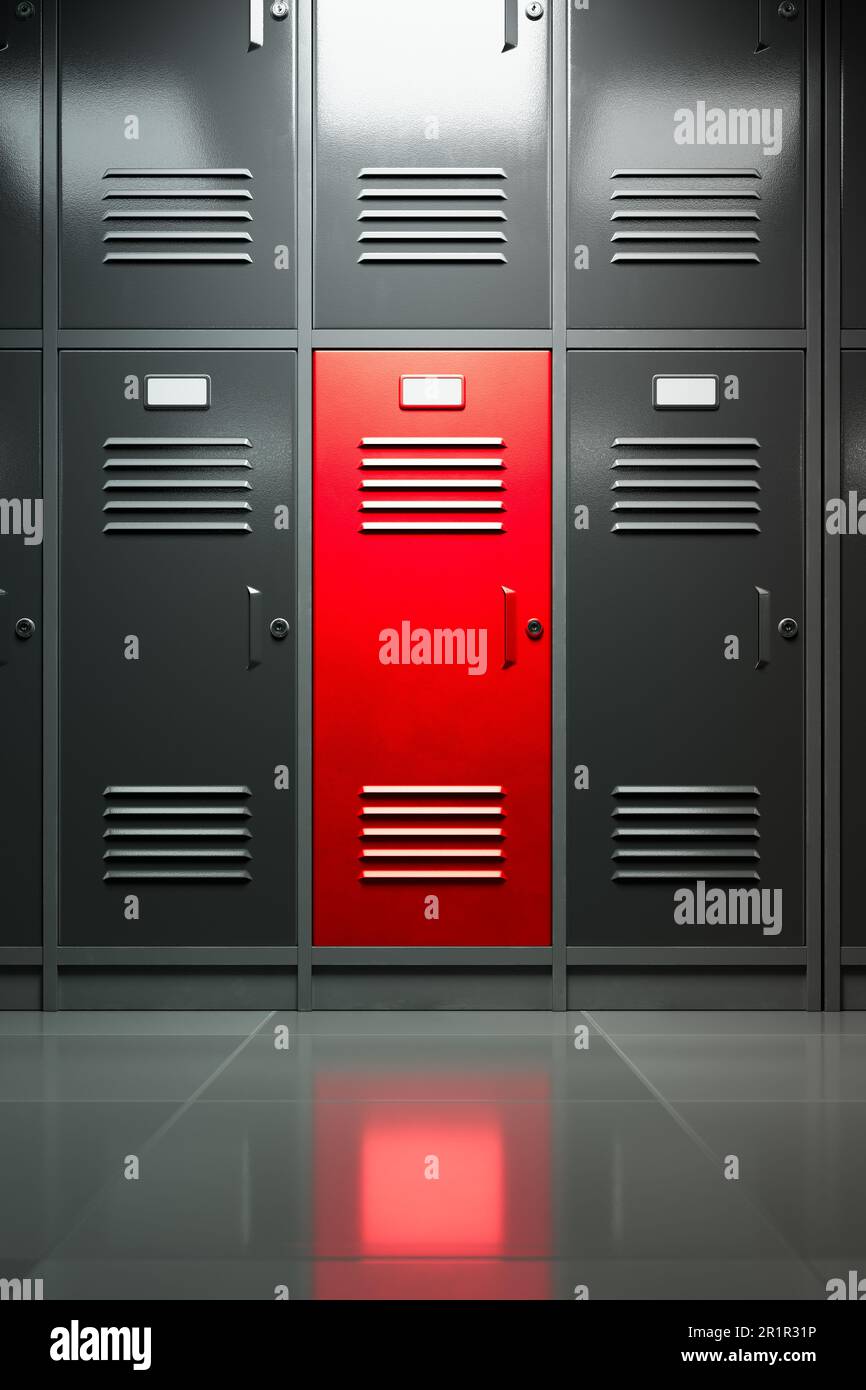 Single, unique, vibrant red, metal locker on a school corridor full of ...