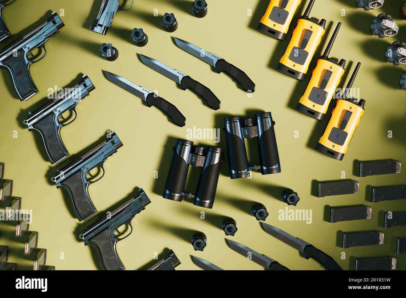 Weapons and military boxes full of ammunition. Army accessories. War ...