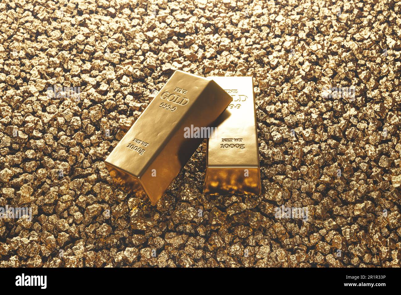 Financial concept. Two shiny gold bars on a pile of gold pieces. Expensive noble metal. Golden ...