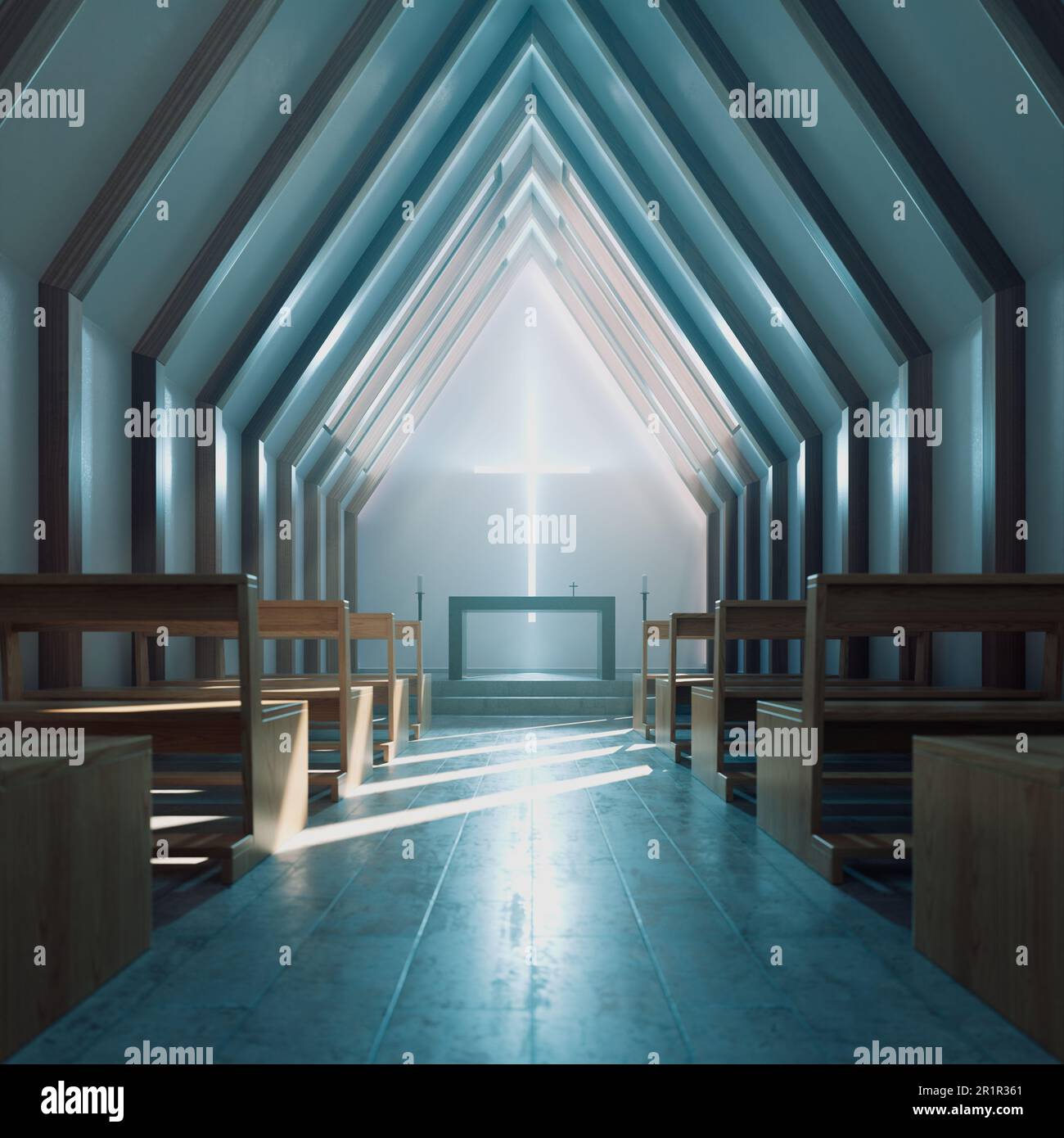 Modern minimalistic church or chapel interior lit by morning sunlight ...