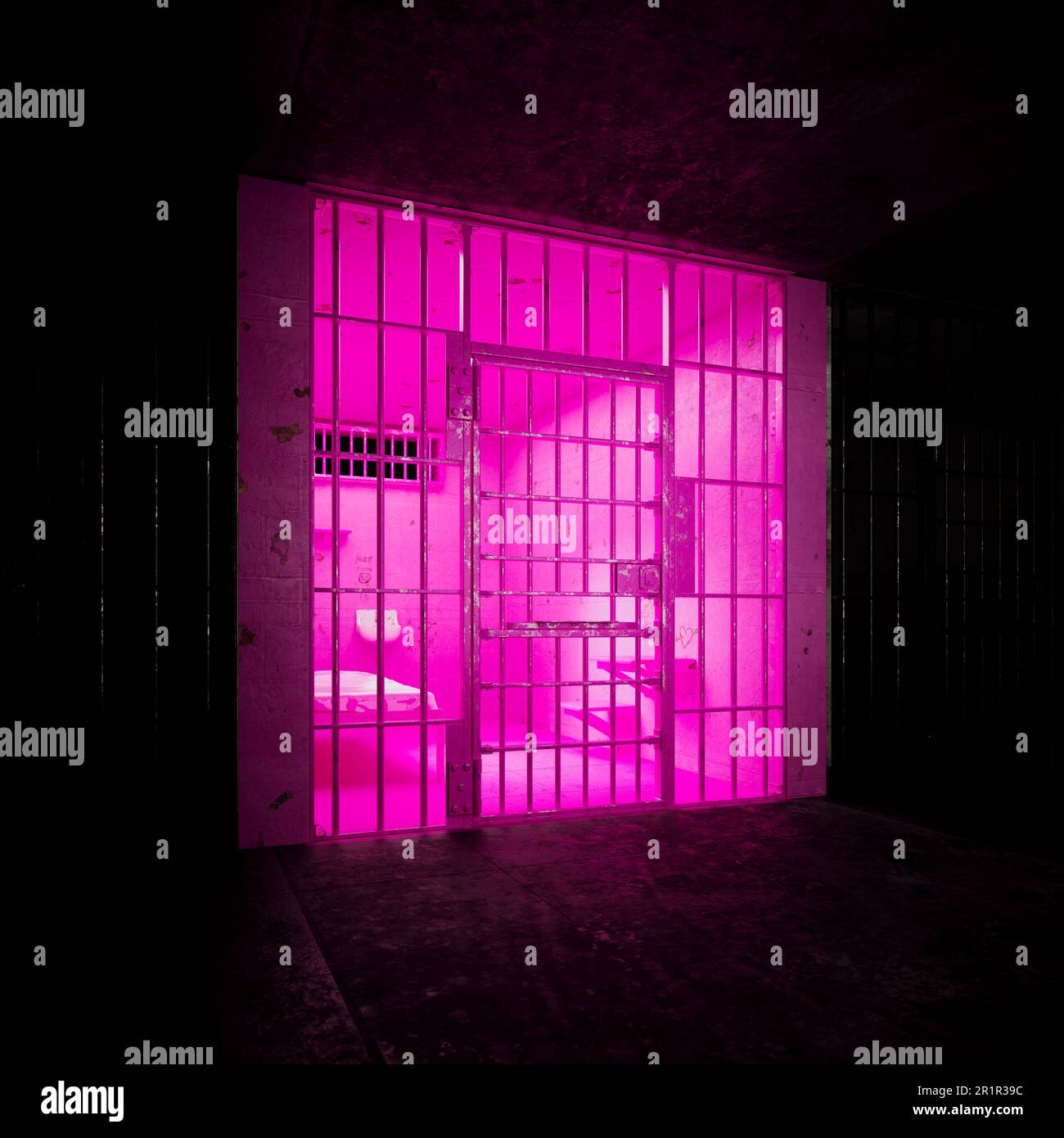 Empty pink cell in a prison block. Colour chose to pacify, calm down ...