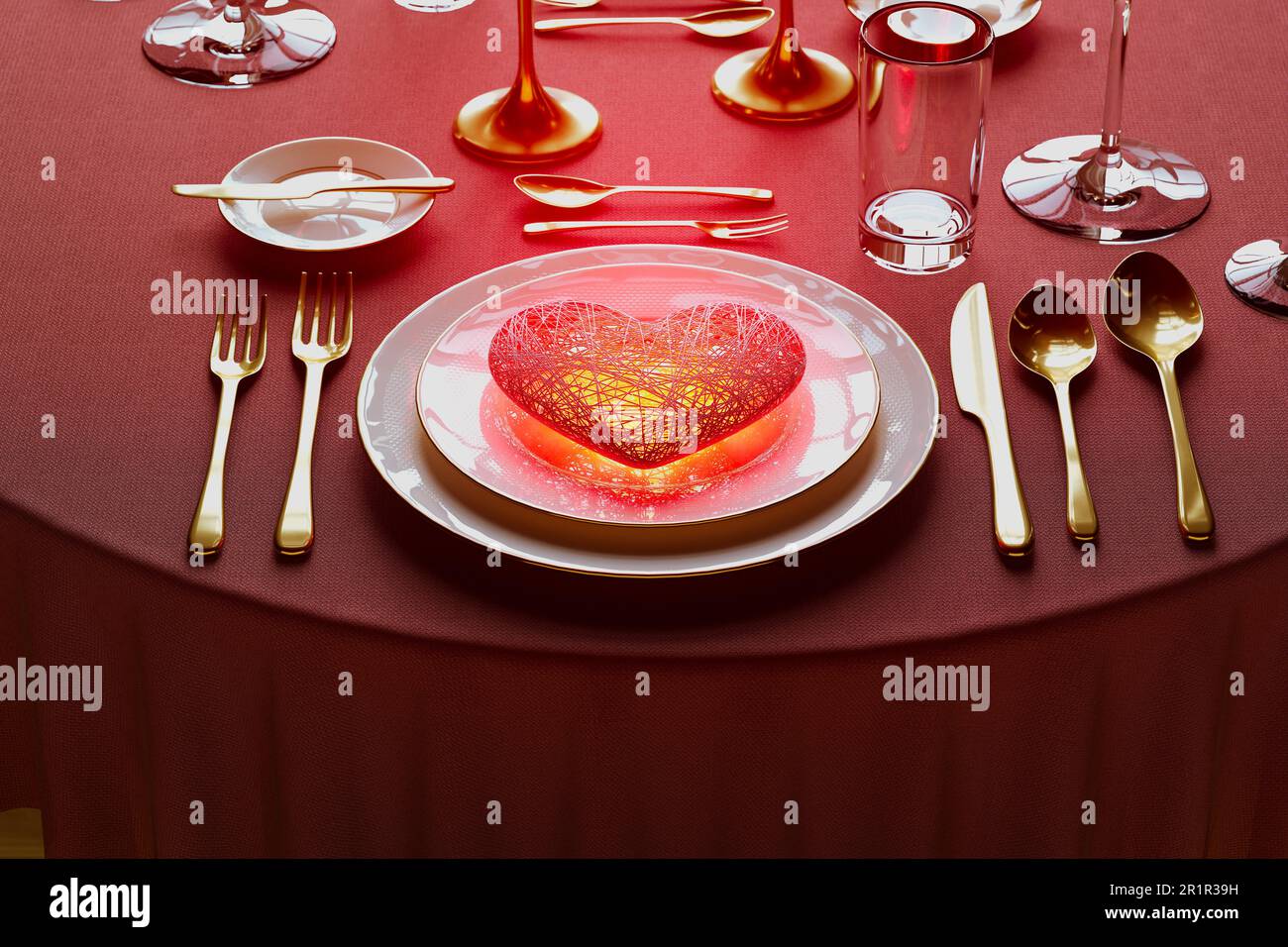 White crockery plate with red wicker shape of a heart on a restaurant ...