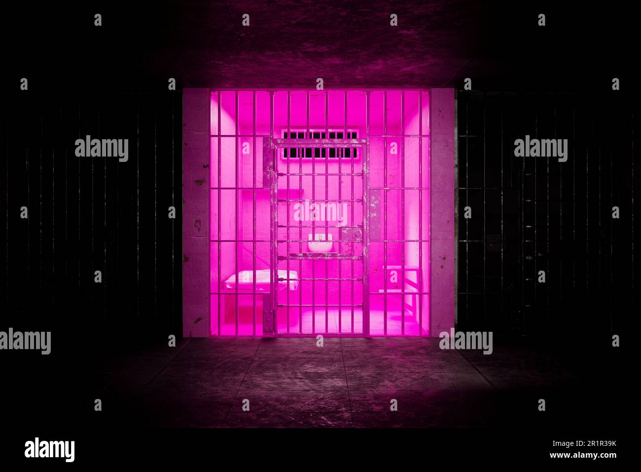 Empty pink cell in a prison block. Colour chose to pacify, calm down ...