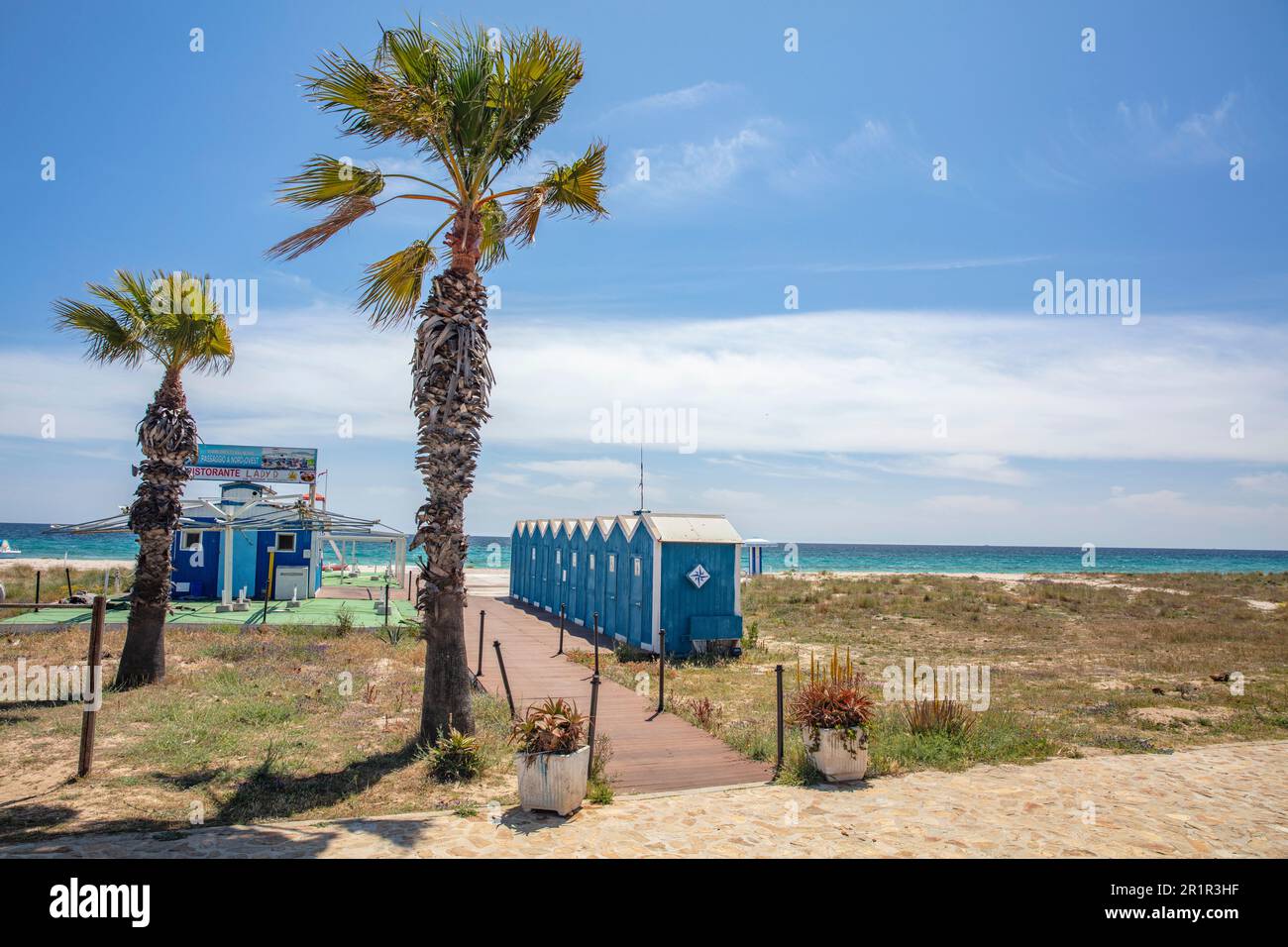 Italy, Sardinia, beach, Cagliari, empty, changing rooms, palm trees ...