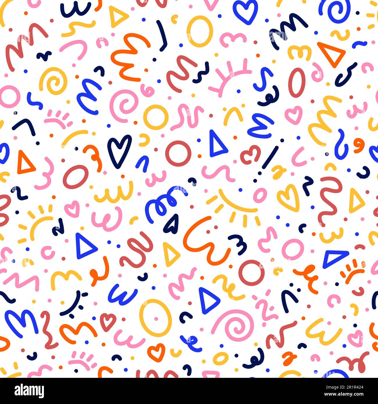 Colorful 90s seamless pattern. Squiggle kid background, doodle minimalistic wallpaper with basic ...