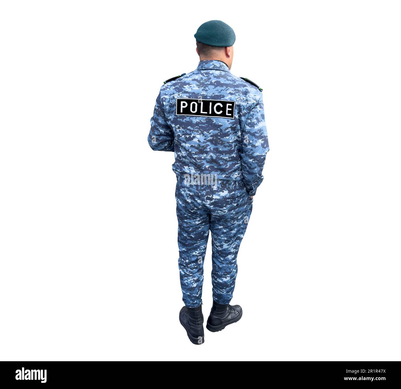 Back jacket of a policeman isolated on white background. Police officer ...
