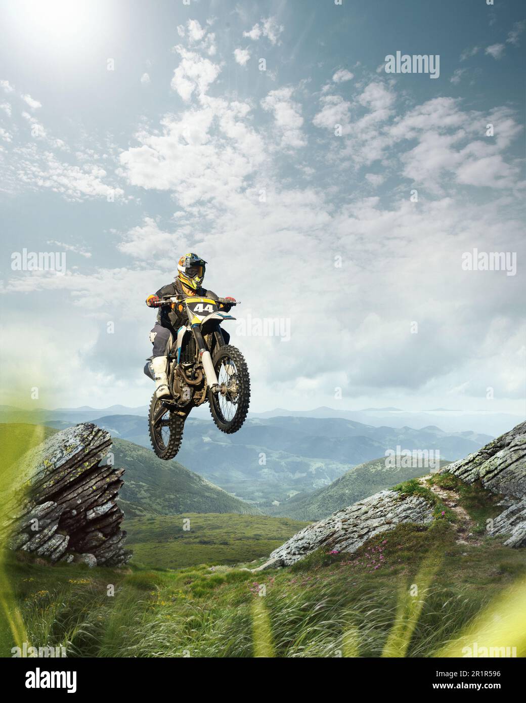 Motocross competition. Man, motorcycle rider in full moto equipment ...