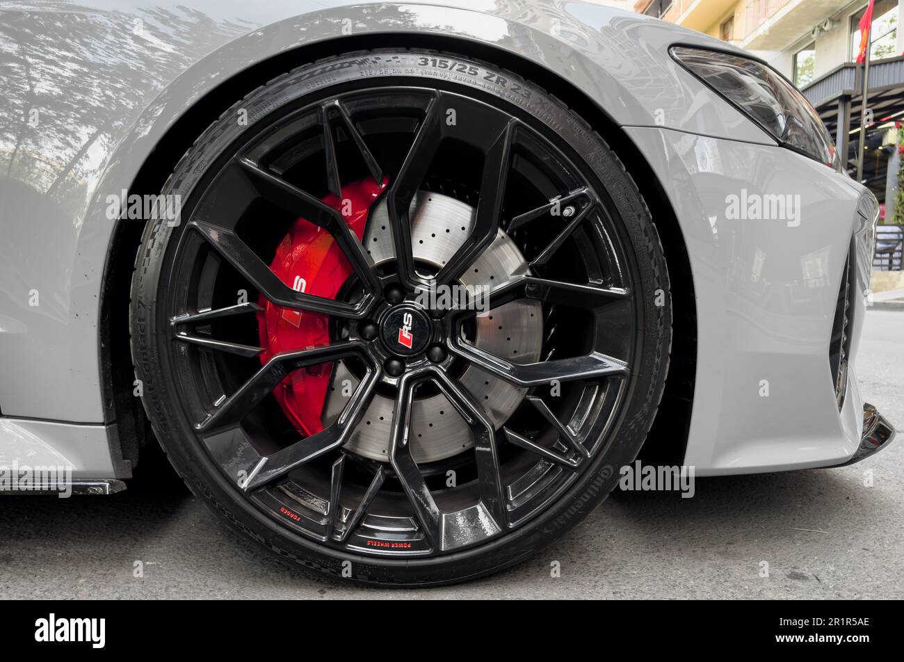Yerevan, Armenia, April 15, 2023 : Front view of logo of Audi RS7 on ...