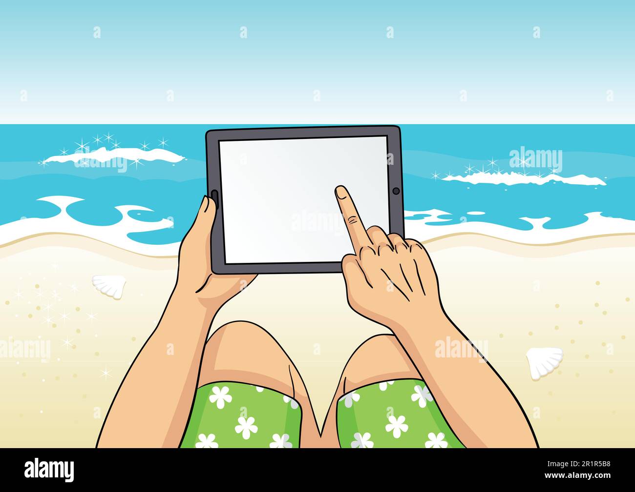 Cartoon illustration of a man using computer tablet on the beach Stock ...