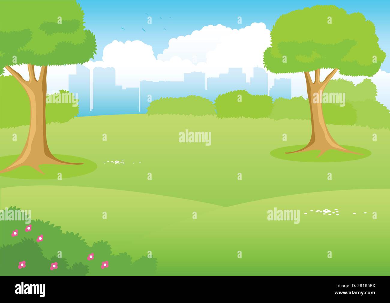 Cartoon illustration of a park with cityscape as the background Stock ...