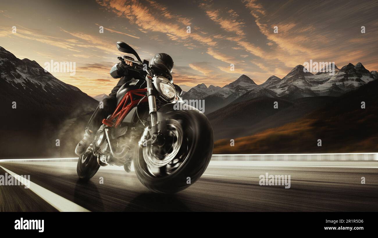 Bottom view image of man, professional motorbike rider on road, riding ...
