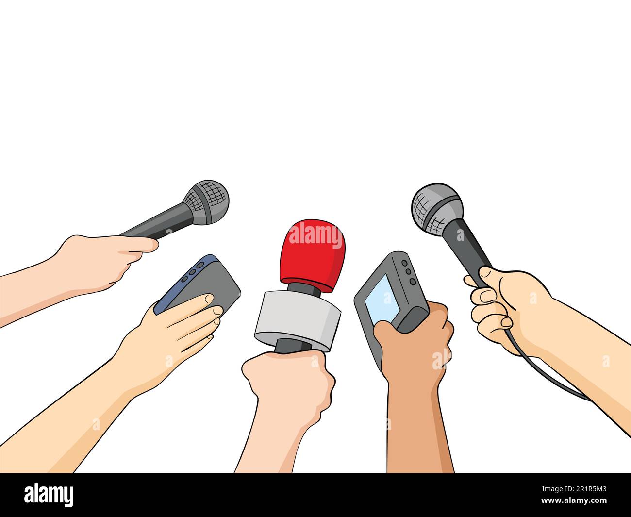 Cartoon illustration of hands holding microphones and recorders, journalism or press symbol ...