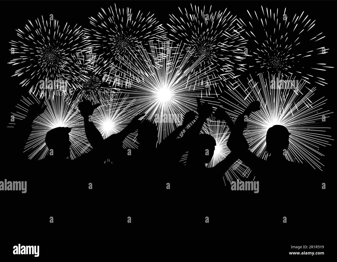 Silhouette of joyful people watching fireworks in black and white ...