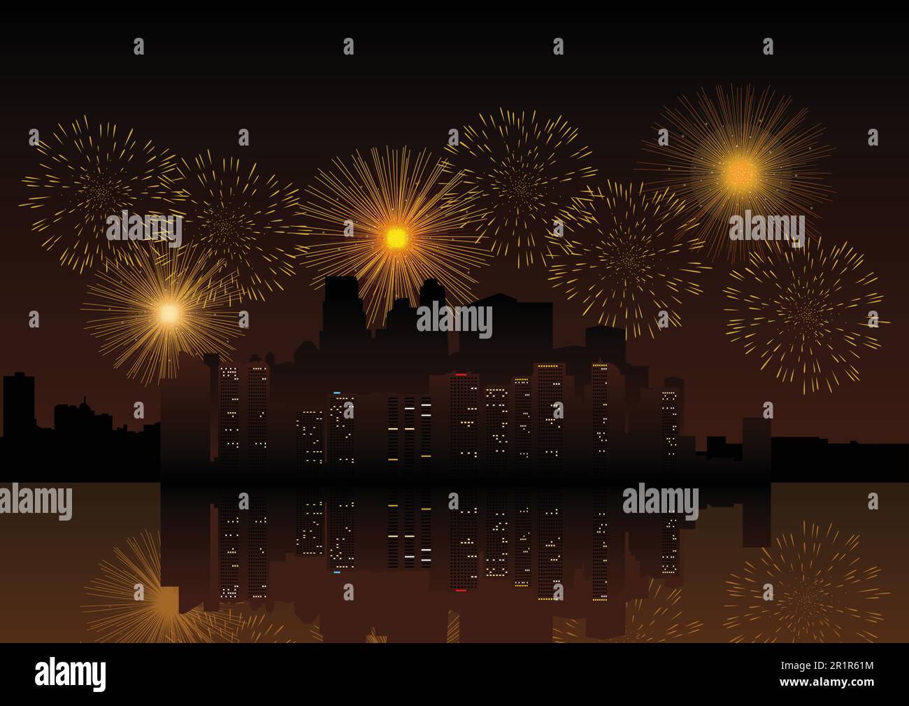 Fireworks on city skyline for New Year's theme and background Stock ...
