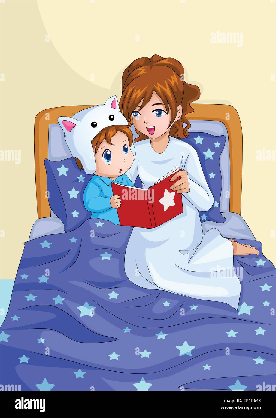 Cartoon illustration of a mother storytelling for her child before ...