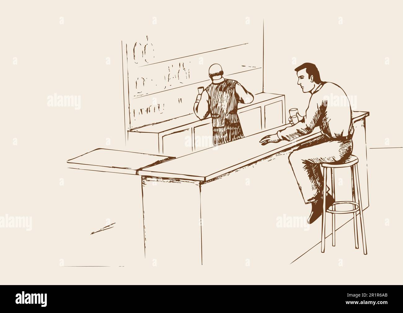 Sketch illustration of a man at the bar, people, loneliness, alcohol ...