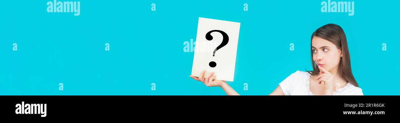 Thinking woman with question mark. Doubtful girl asking questions to ...