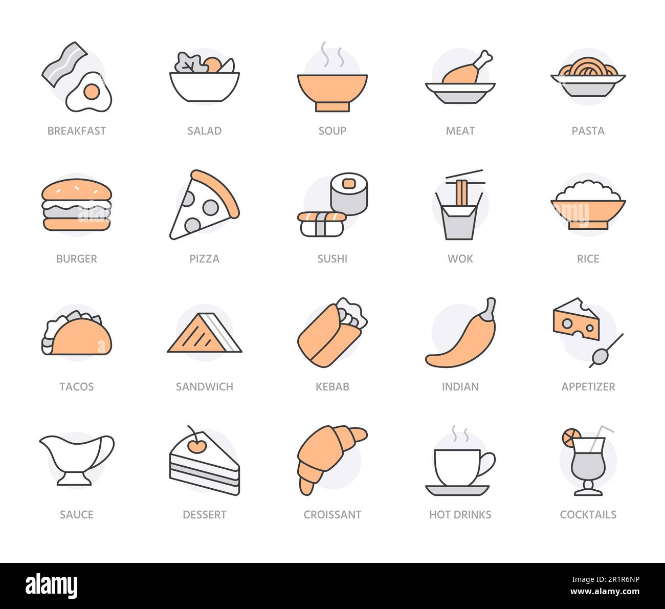 Restaurant menu line icon set. Sandwich, shawarma, soup, salad, pasta ...