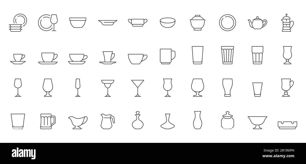 Glassware line icons set. Glass crockery - mug, wineglass, highball ...