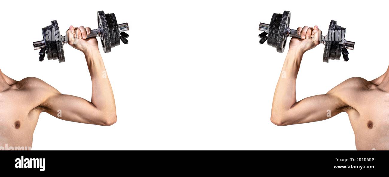 Skinny guy hold dumbbells up in hands. Nerd maleraising a dumbbell. Man ...