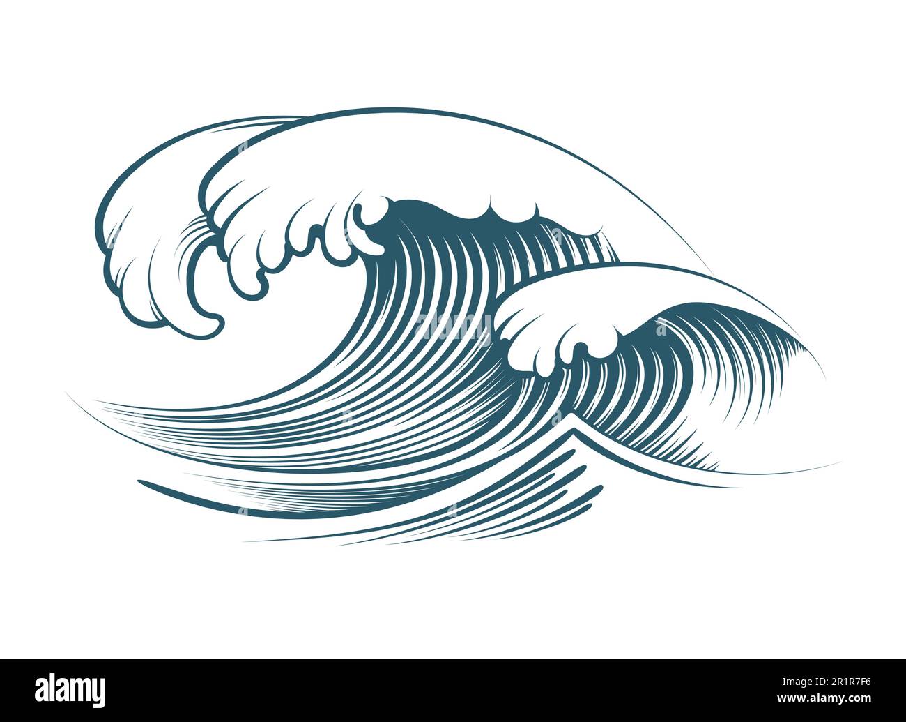 Engraving Monochrome Tattoo of Ocean Waves isolated on White. Vector ...