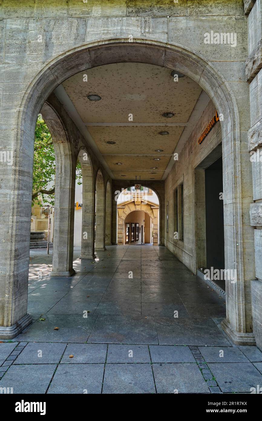 A view of an interior walkway within an aged stone edifice featuring ...