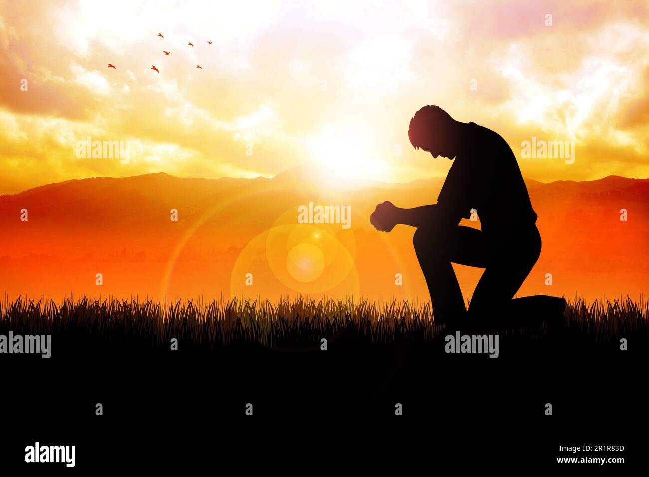 Silhouette illustration of a man praying outside at beautiful landscape ...