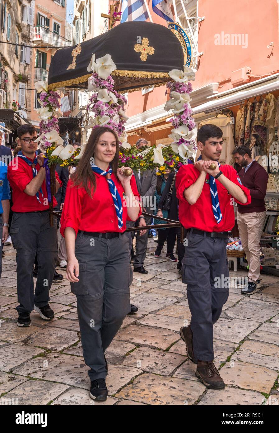 Scouts carrying the epitaphios in Campiello (Old Town of Corfu) section ...
