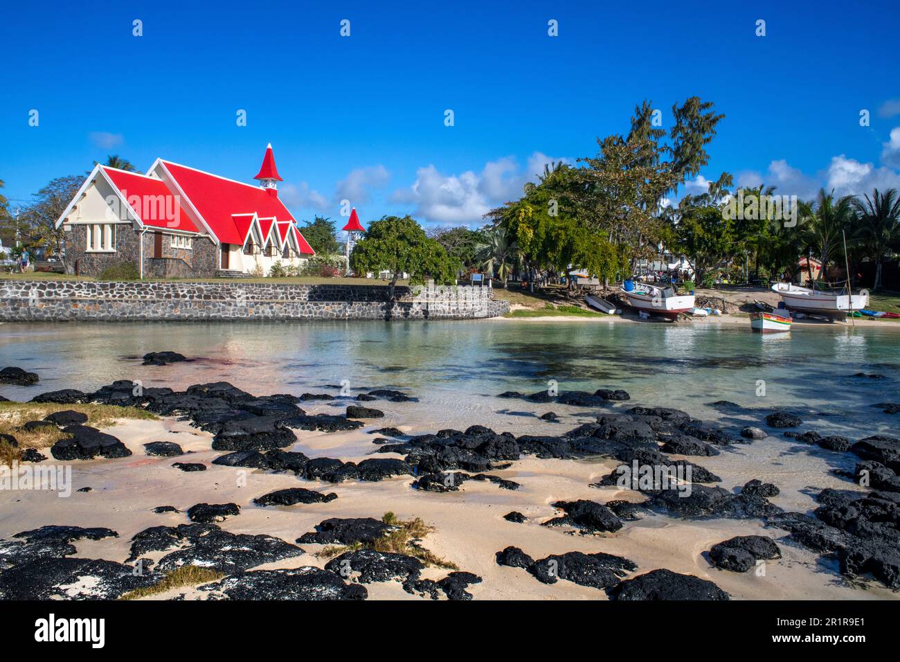 Traditional catholic red church near the beach in Cap Malheureux ...