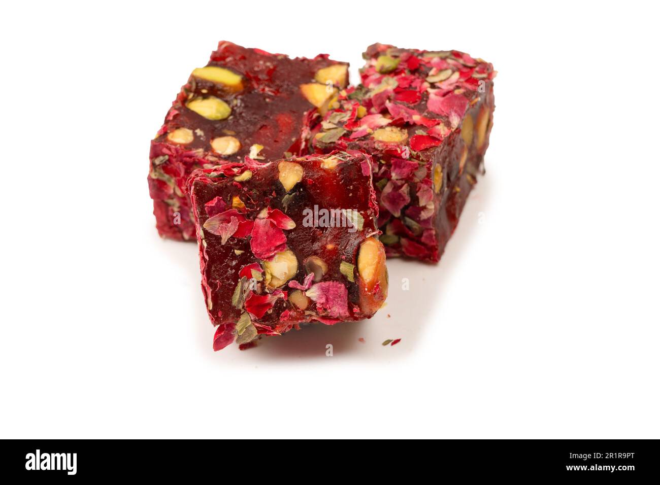 Sweet roll with roses and nuts, turkish sweets. Turkish rahat isolated ...