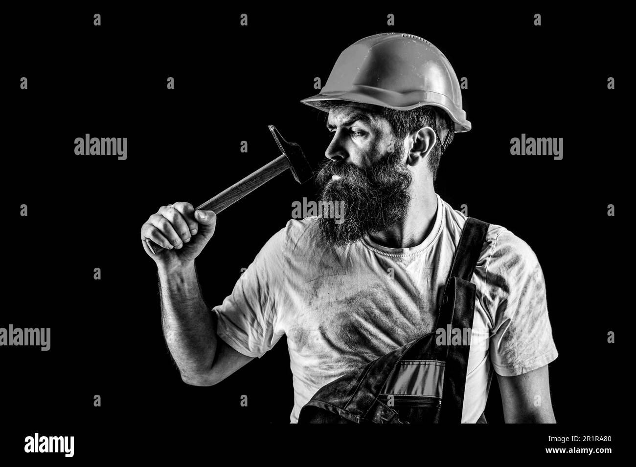 Builder in helmet, hammer, handyman, builders in hardhat. Hammer ...