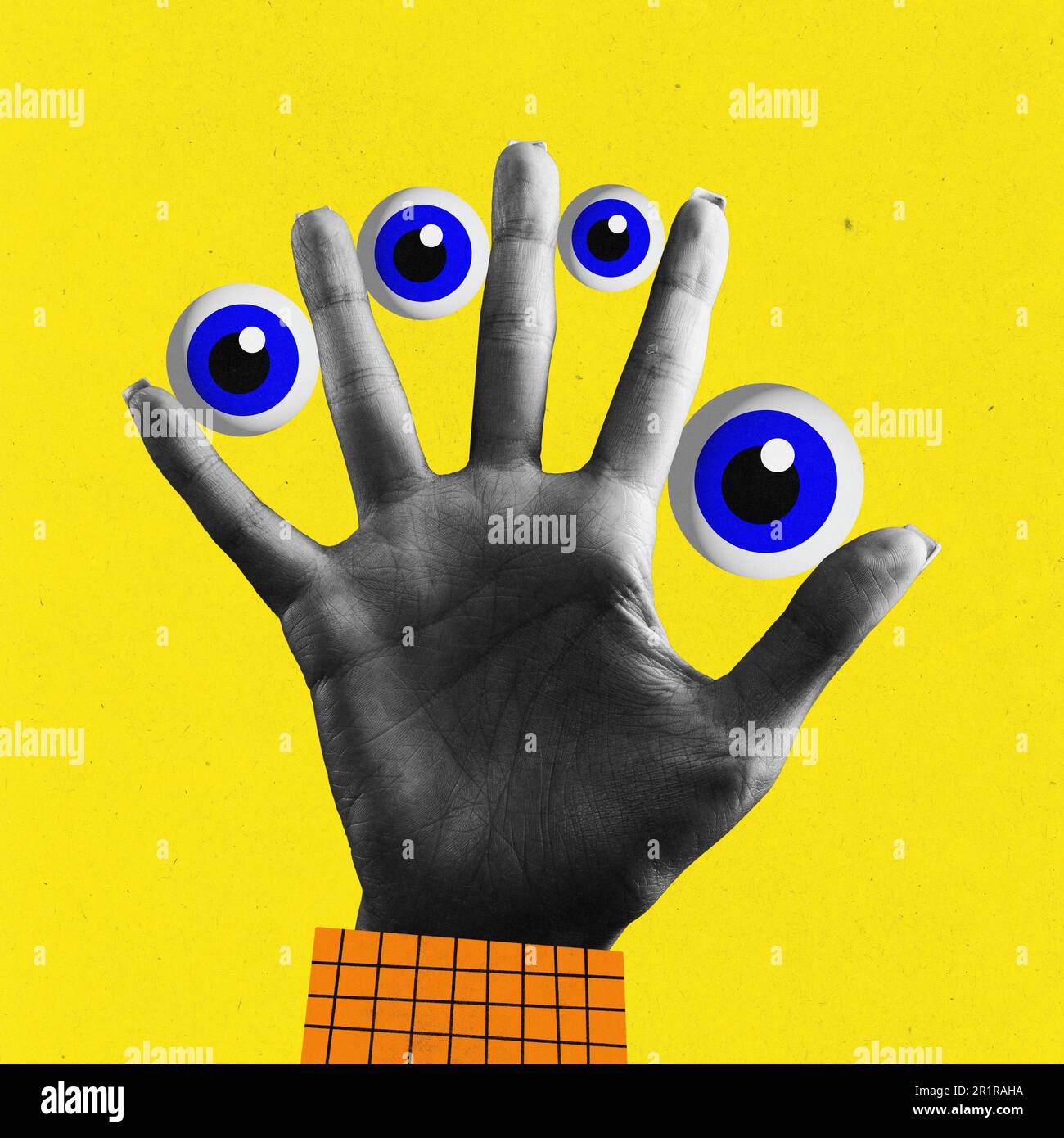 Contemporary art collage of human palm with several eye balls between ...