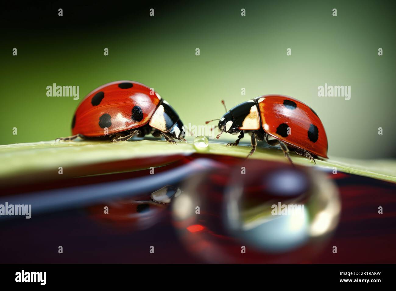 Macro photography, close-up. Two ladybugs drink dew on a long leaf of ...