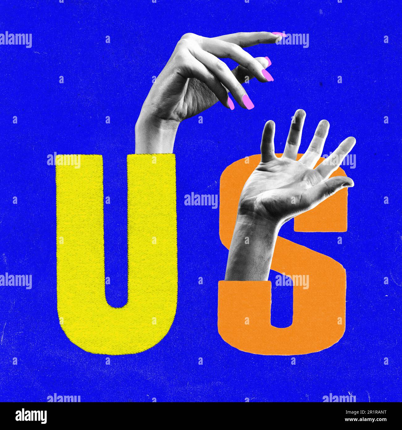 Contemporary art collage with male and female hand wants to unit them ...