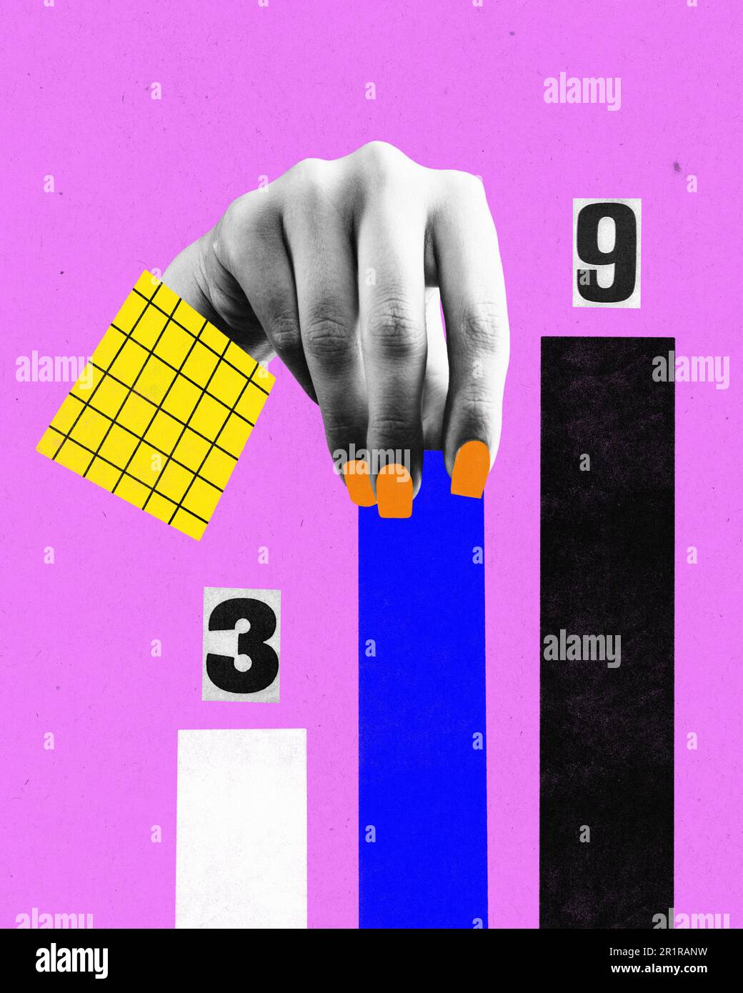 Contemporary art collage of female hand showing chart of company income ...